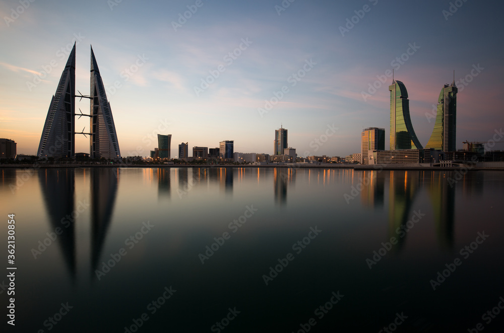 The Bahrain skyline with beautiful hue in the sky, a view from Bahrain ...
