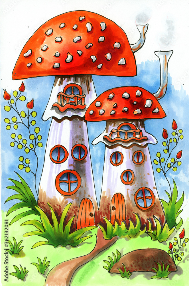 A fabulous watercolor illustration of a magic house. Fairy-tale house ...