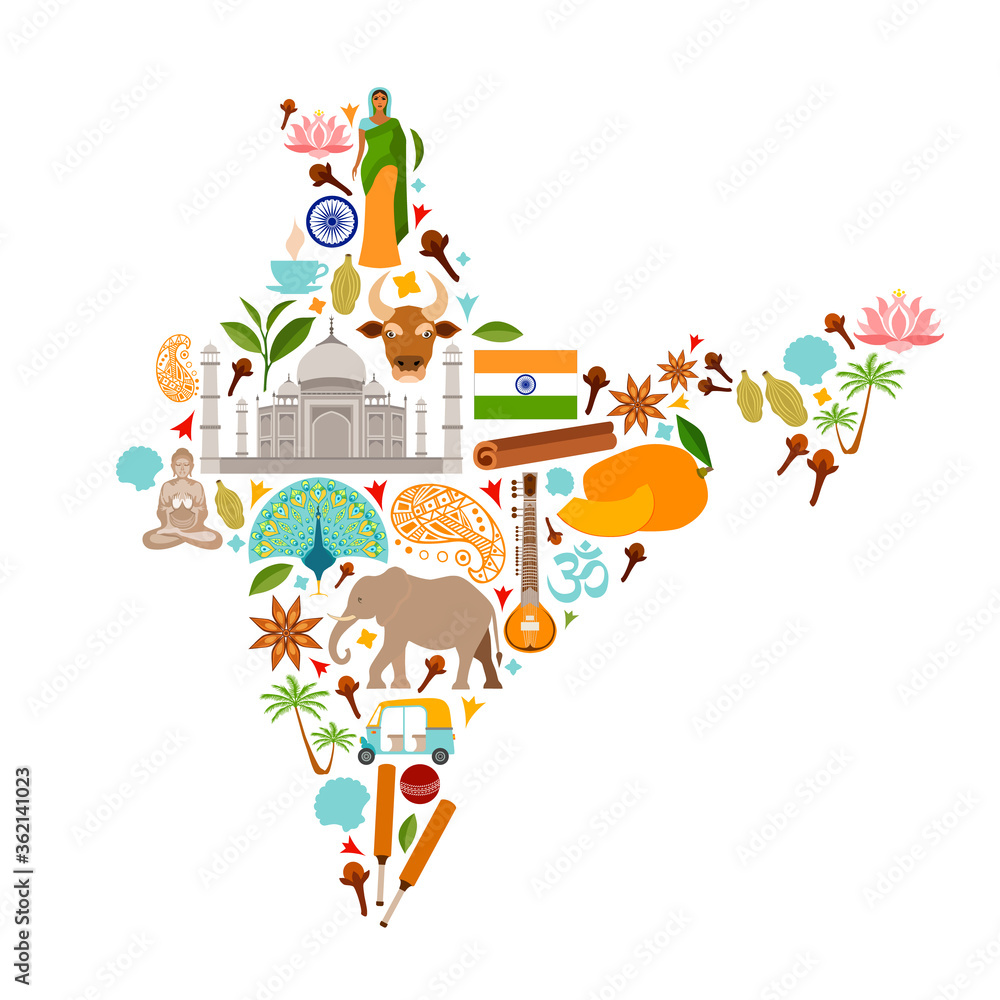 Map of India from popular country symbols. Art print for home decor ...