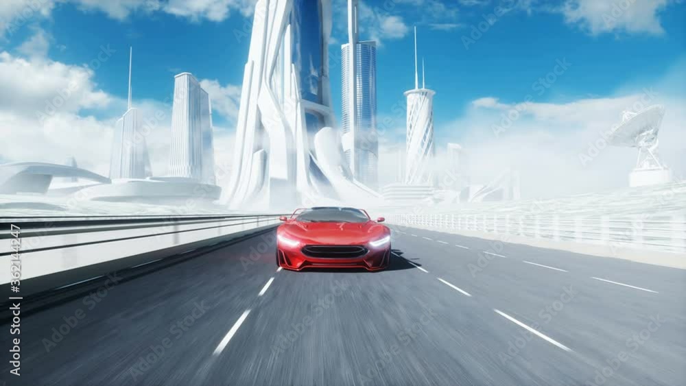 3d model of futuristic red electric car on highway. Very fast driving ...