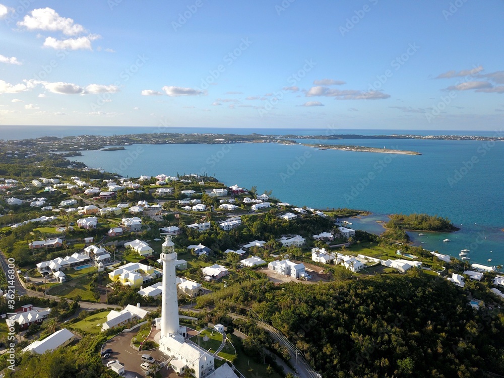 The drone aerial view of Bermuda islands and the Gibbs hill lighthouse ...