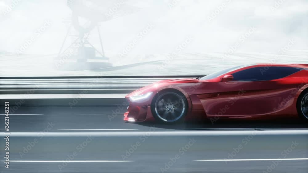 3d model of futuristic red electric car on highway. Very fast driving ...