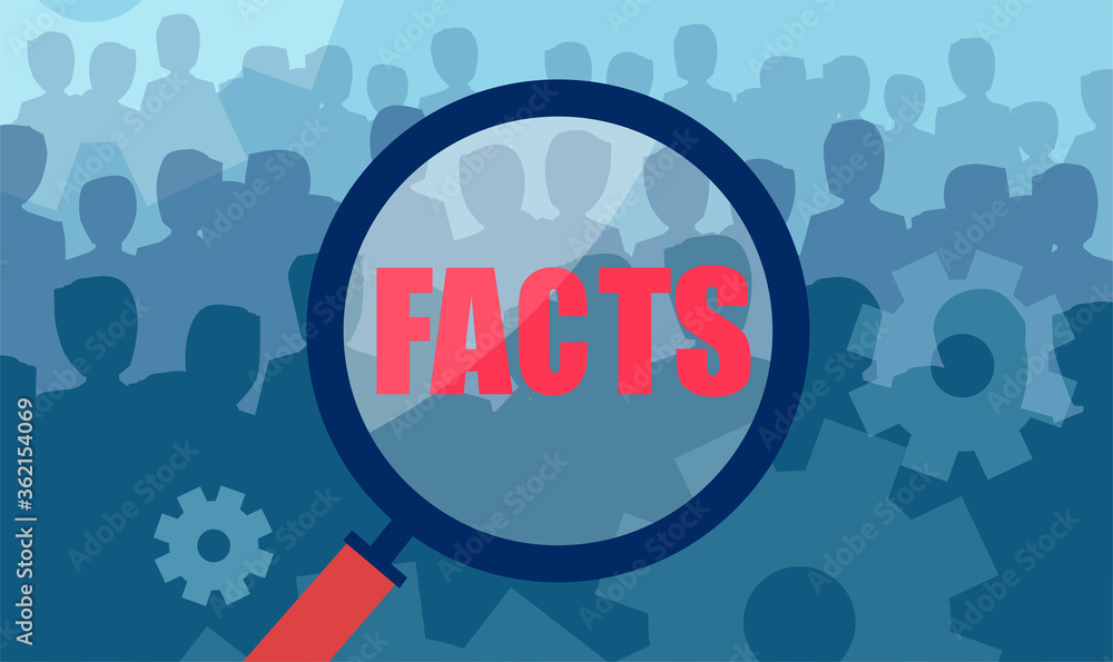 Vector of a magnifying glass over crowd of people in search of facts ...