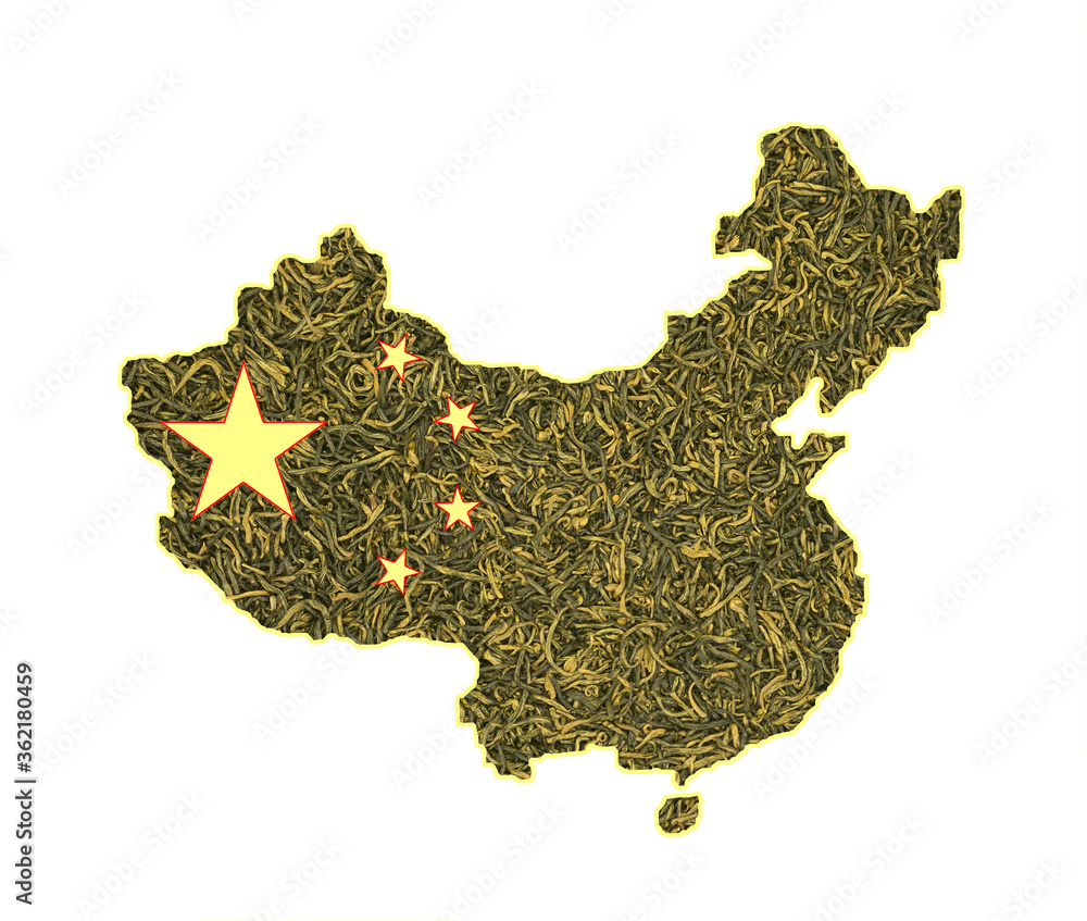 Map of China on a background of tea eyebrows of golden beauty. The day ...