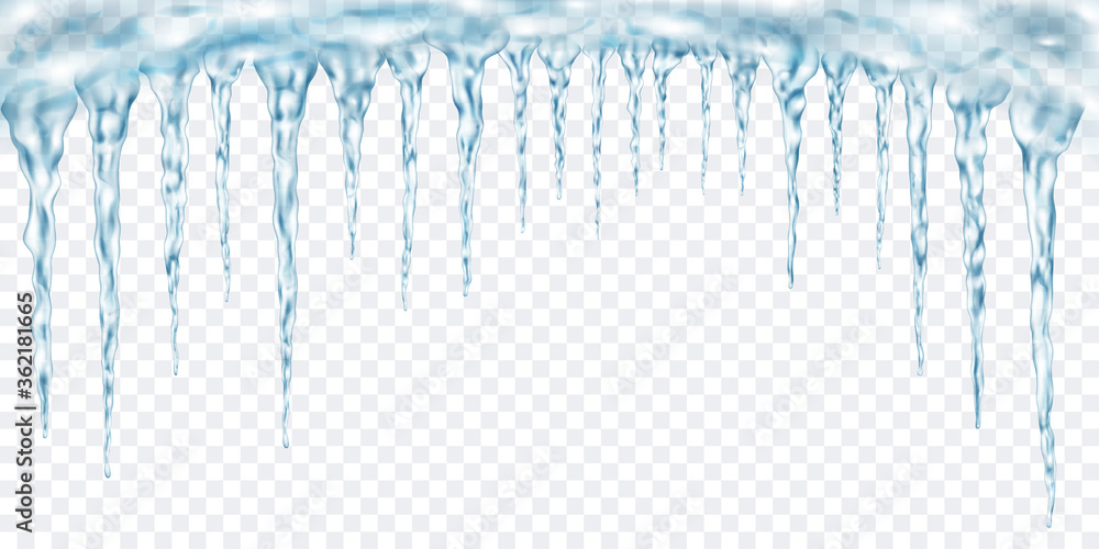 Group of translucent light blue realistic icicles of different lengths ...