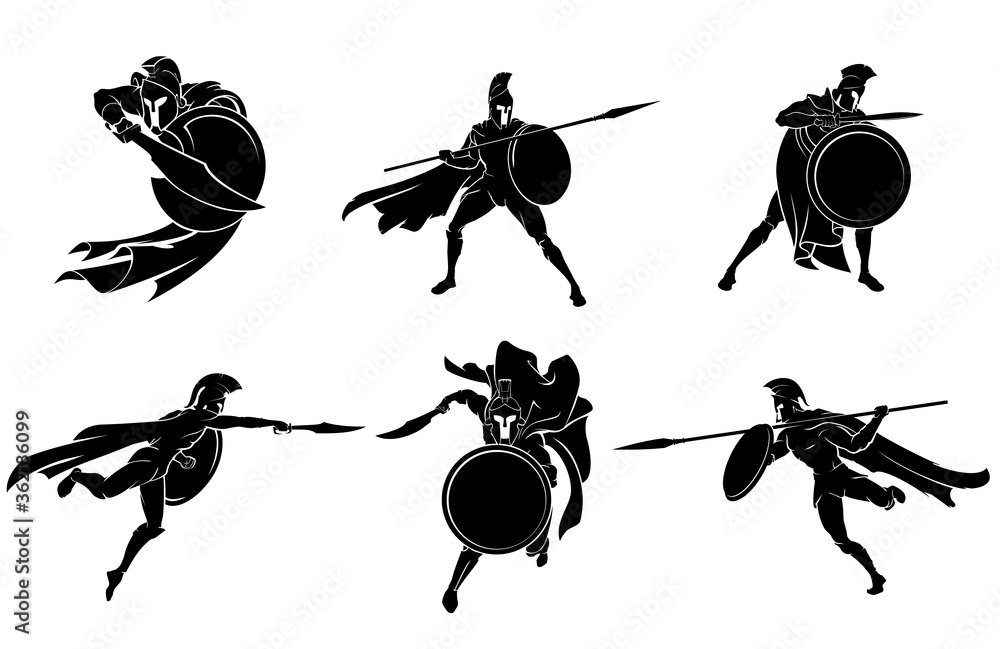 Spartan Medieval Soldier, Action or Battle Stance Silhouette Set Stock ...