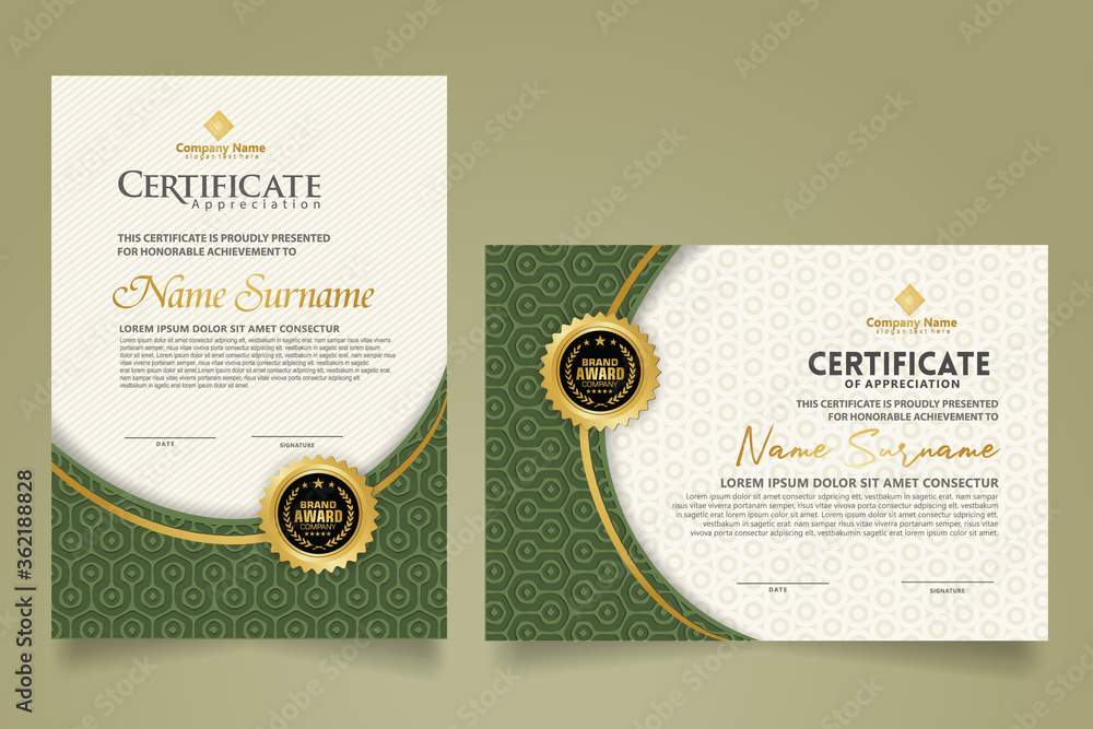 set vertical and horizontal certificate template with maze texture on curve ornament and modern ...