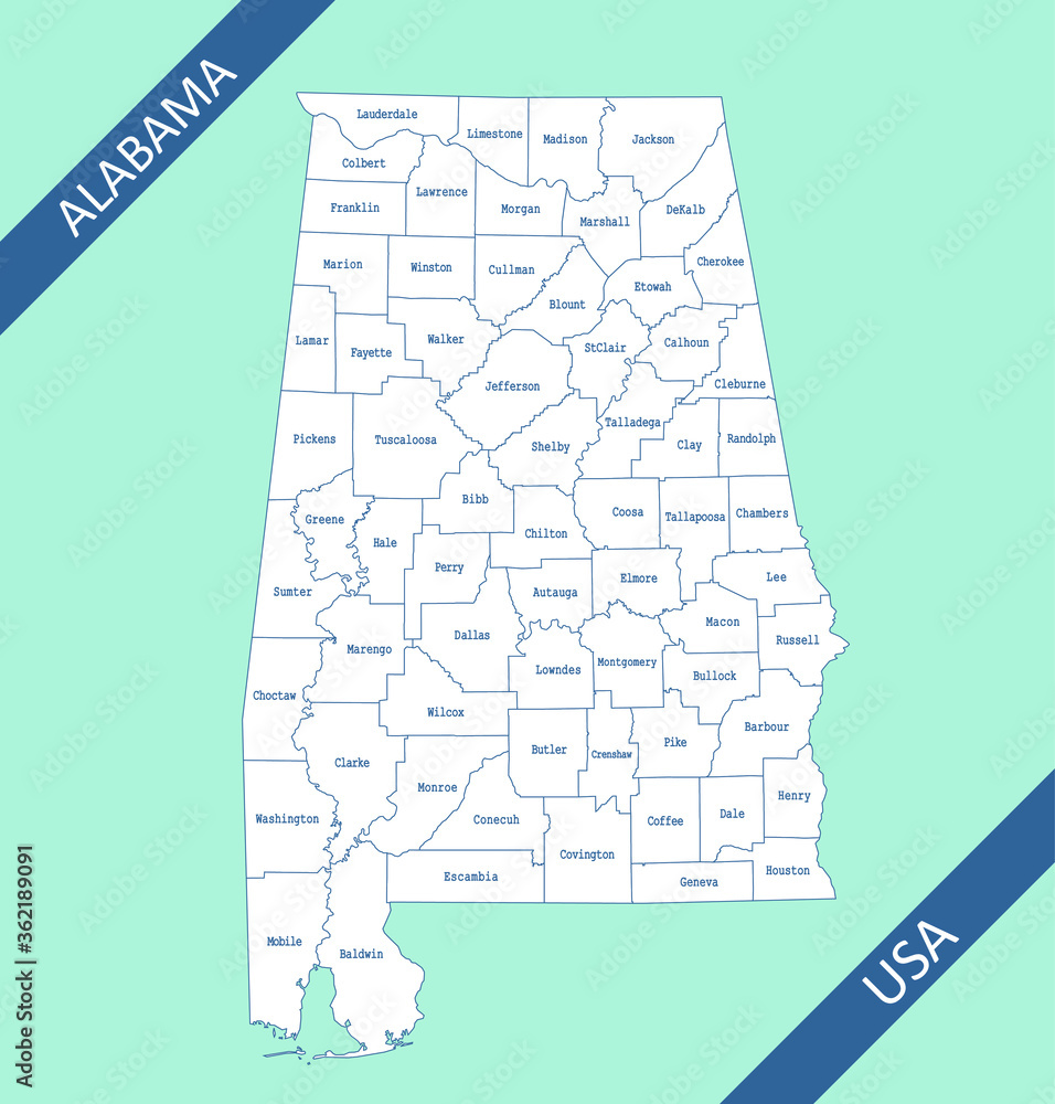 Counties map of Alabama labeled Stock Vector | Adobe Stock
