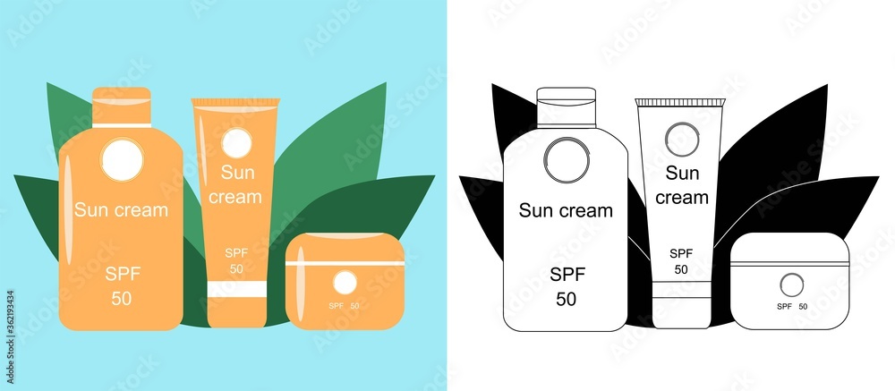 Sun cream protection in various packaging. Product display. Vector ...