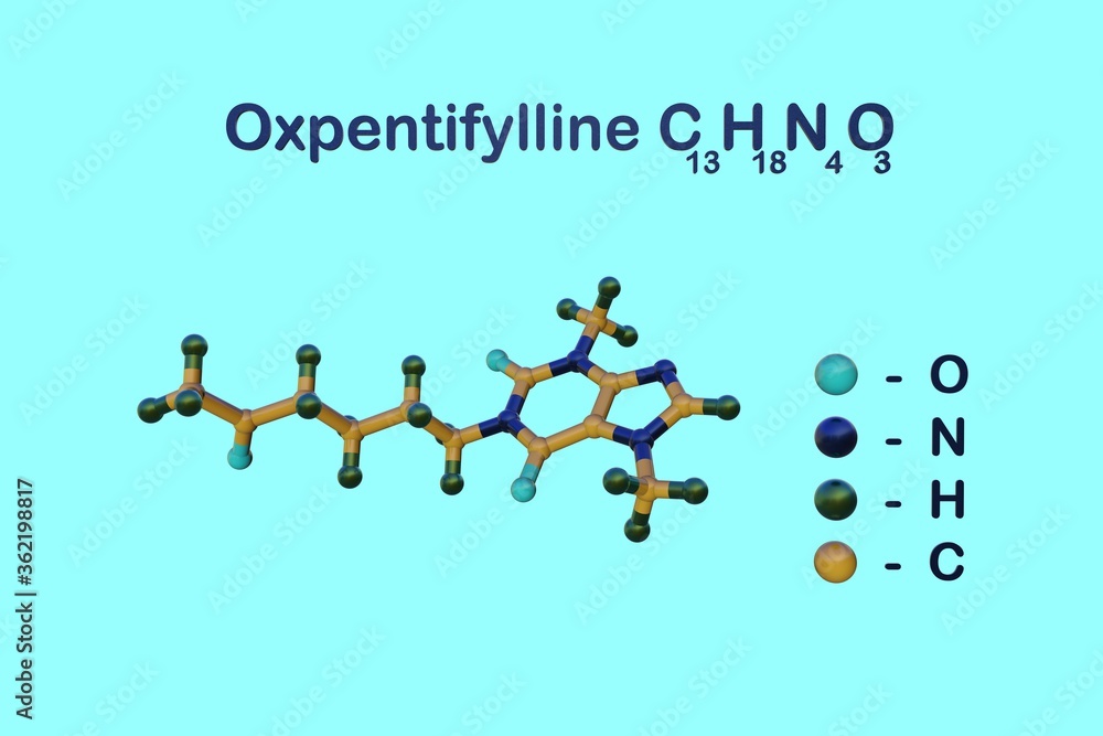 Structural chemical formula and molecular model of oxpentifylline or ...
