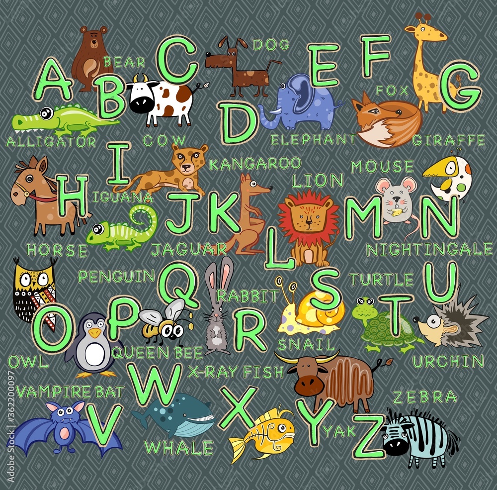 Bright alphabet with cute cartoon animals. Cartoon letters and animals ...