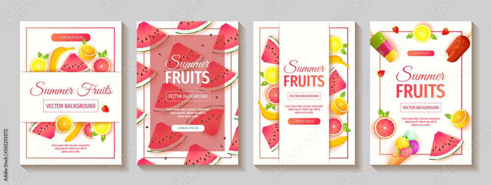 Set of flyers with fresh fruits. Watermelon, Orange, Grapefruit, Lemon ...