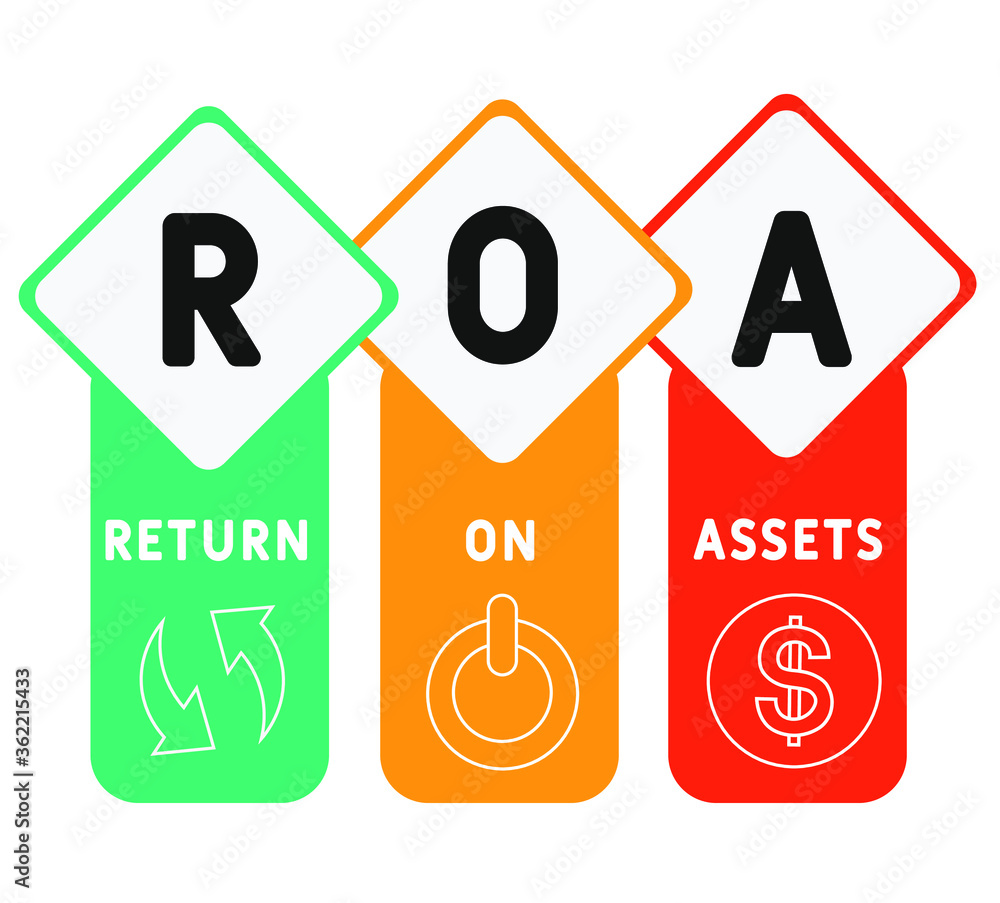 ROA - return on assets. word lettering illustration with icons for web ...