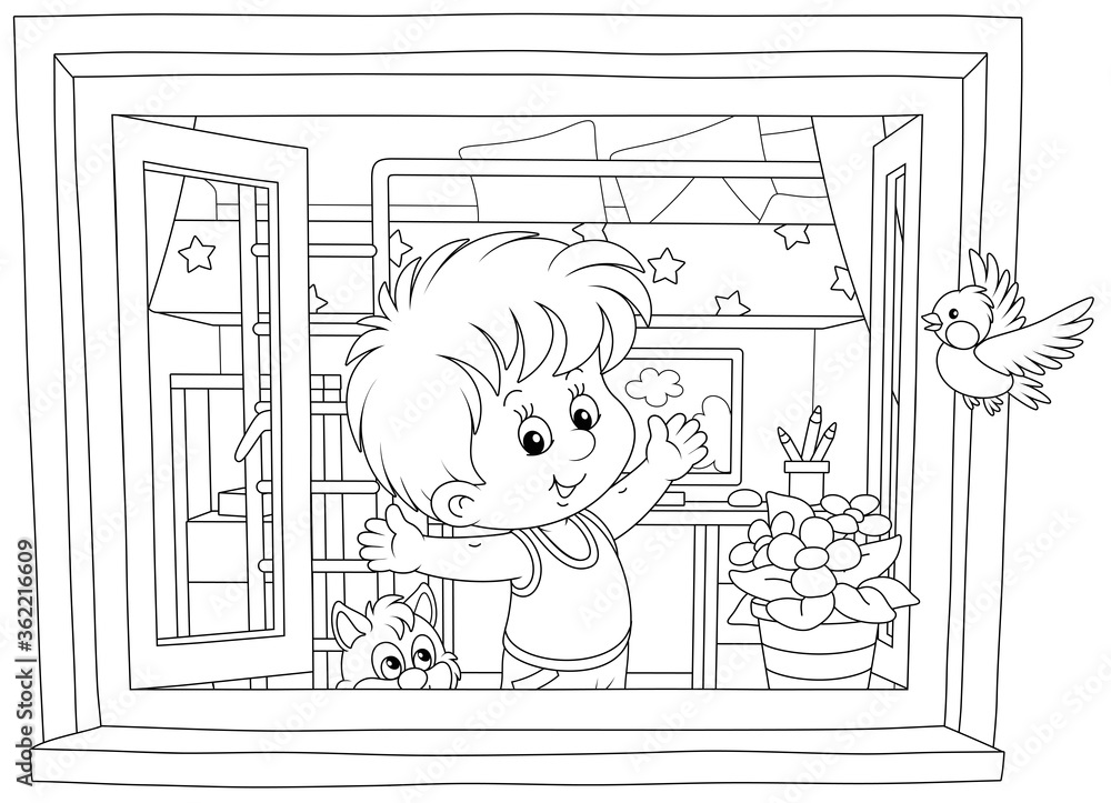 Little boy doing gymnastic exercises by an open window in his nursery ...