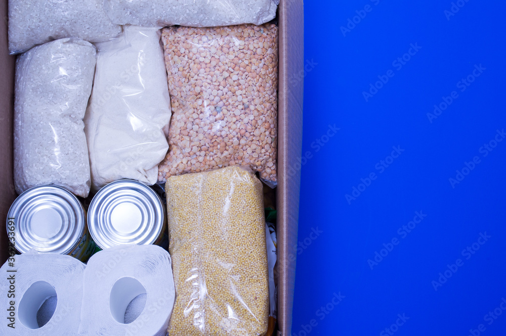 Cardboard box with Food supplies crisis food stock for quarantine on ...