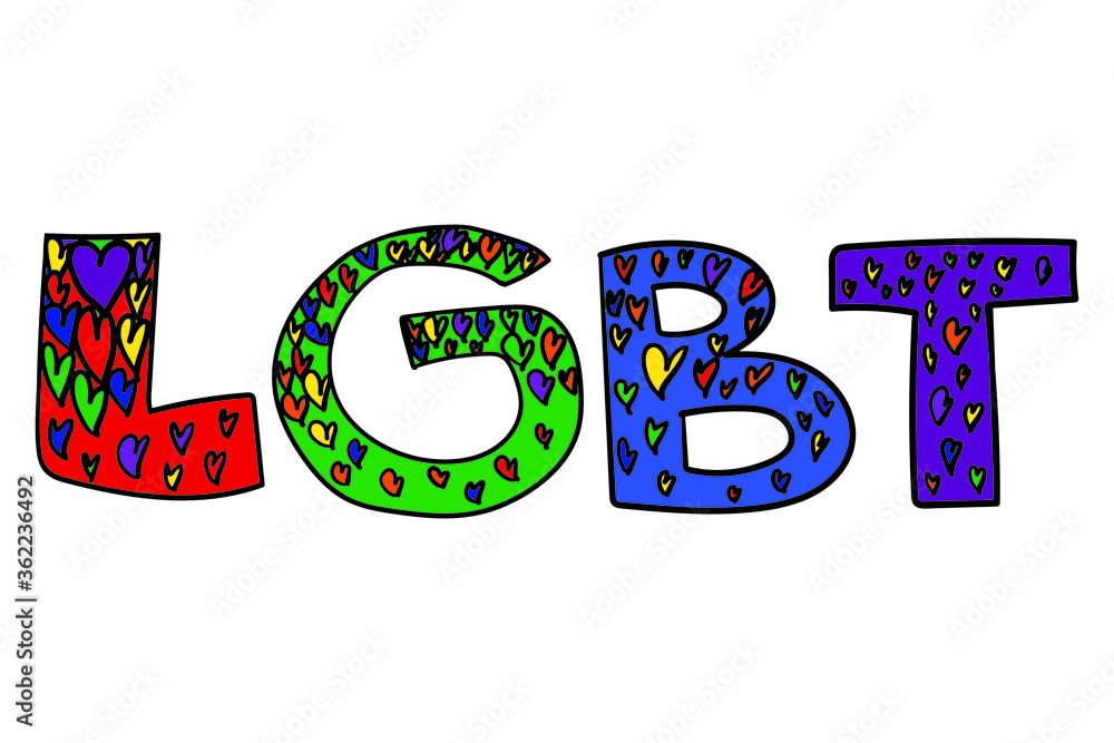 Lettering of the abbreviation "LGBT" with a heart pattern. Rainbow ...