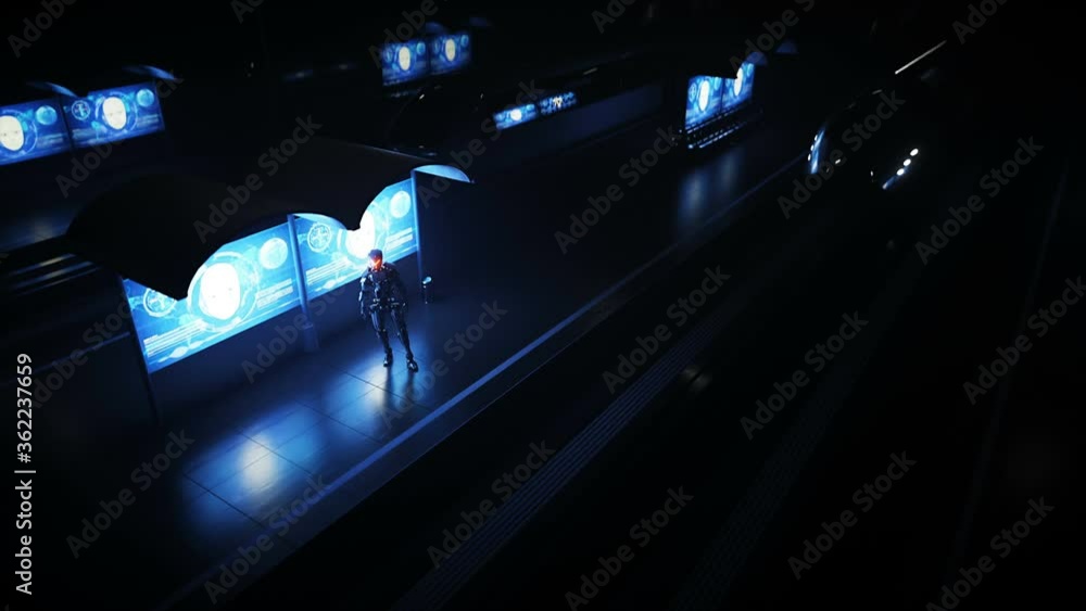 Robot on the Sci Fi railway futuristic station. Future concept. Aerial ...