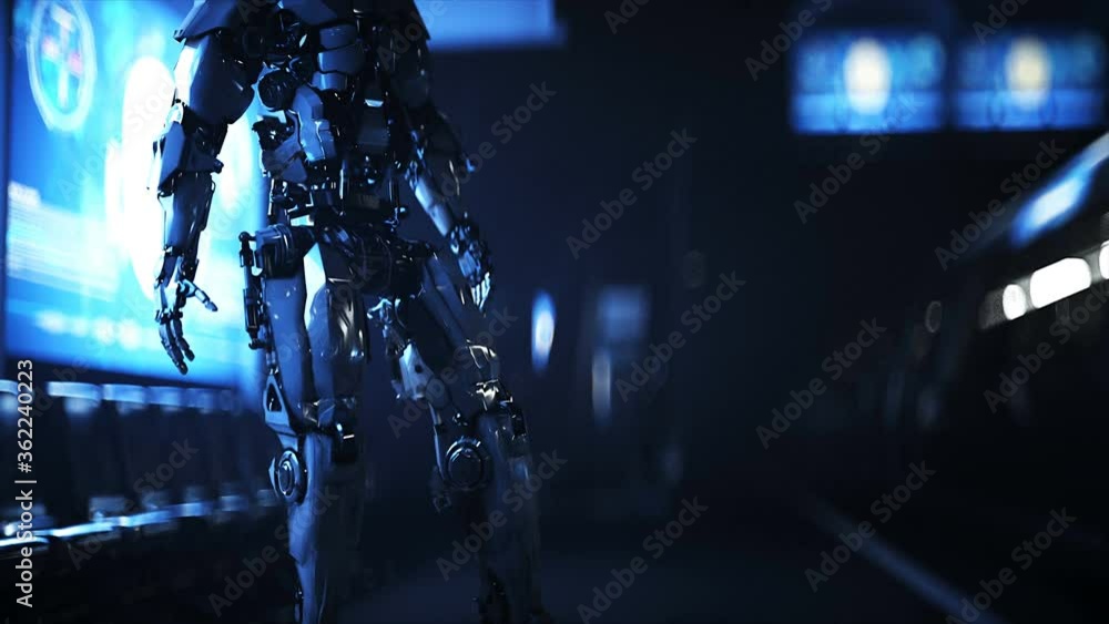 Robot on the Sci Fi railway futuristic station. Future concept. Aerial ...