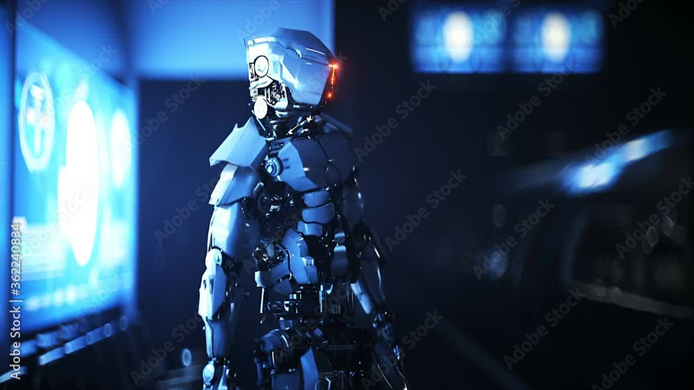 Robot on the Sci Fi railway futuristic station. Future concept. Aerial ...