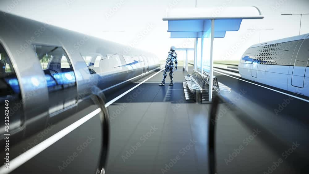Robot on the Sci Fi railway futuristic station. Future concept. Aerial ...