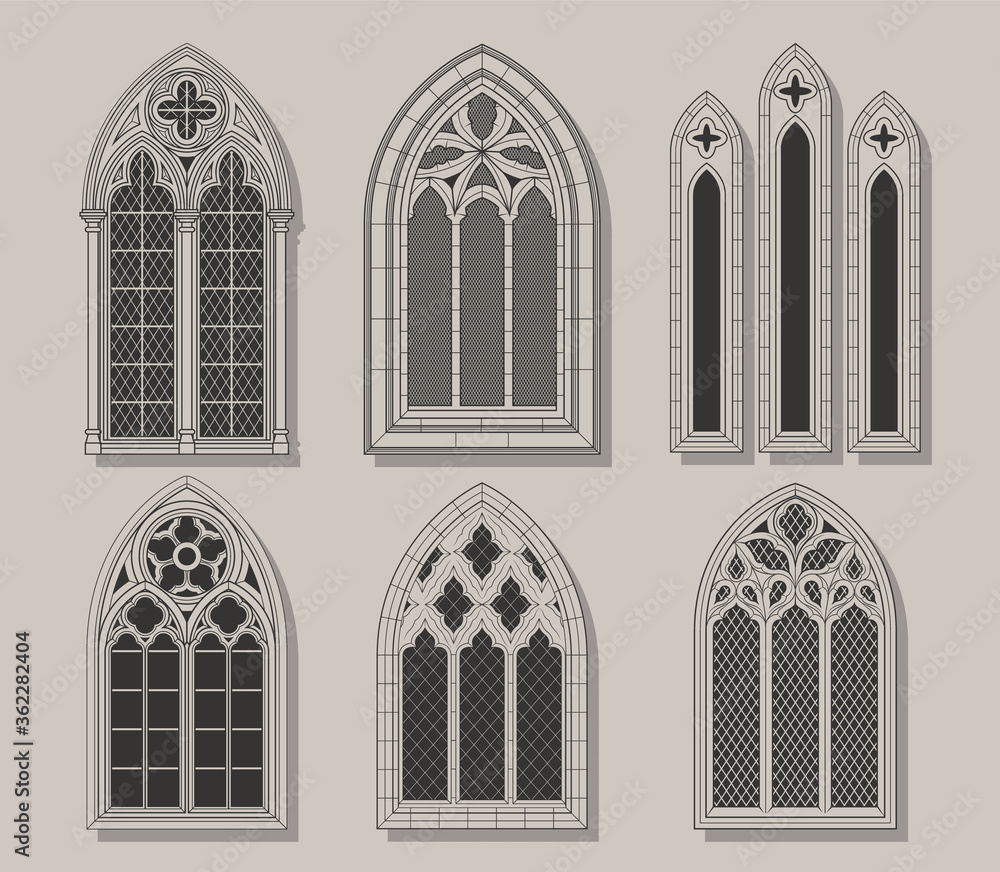 Medieval Gothic Style Windows, Drawings Set Stock Vector | Adobe Stock