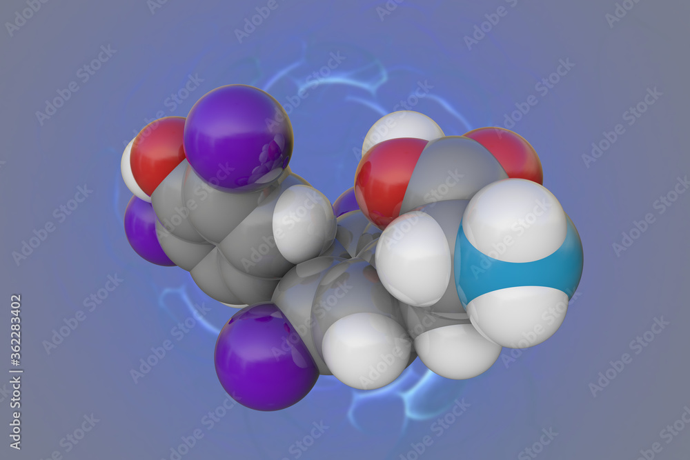 Molecular structure of dextrothyroxine. Atoms are represented as ...