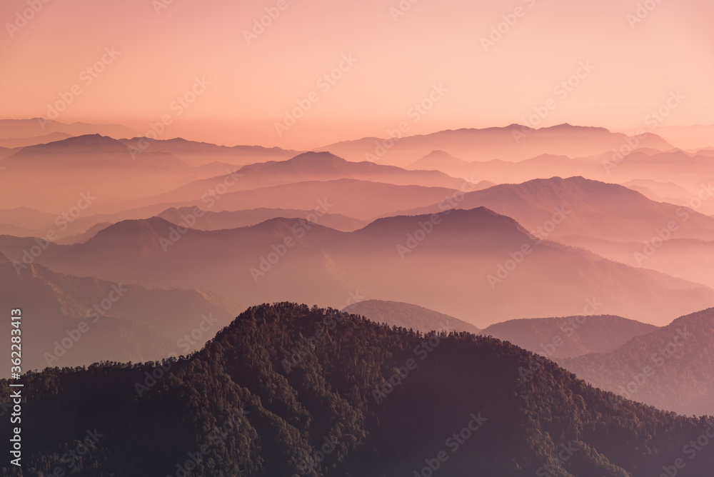 View of Himalayas mountain range with visible silhouettes through the ...