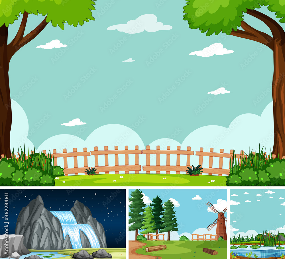 Four different scenes in nature setting cartoon style Stock Vector ...