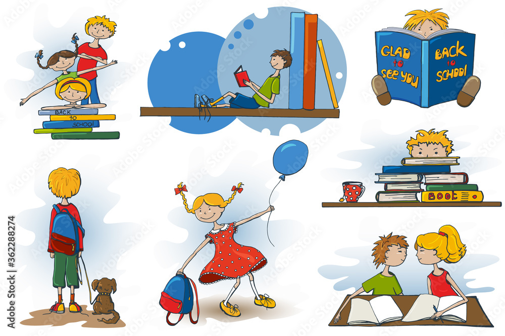 Cartoon color school clip art set with children Stock Vector | Adobe Stock