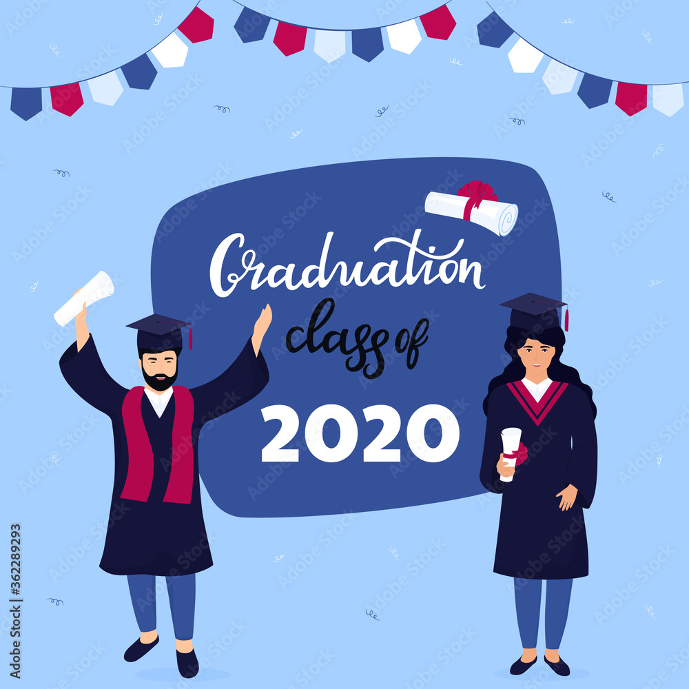 Graduation ceremony. Class of 2020. Greeting banner. Graduates ...