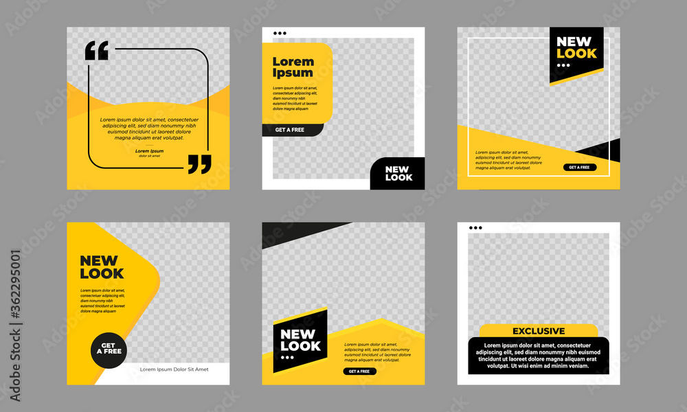Set of Editable minimal square banner template. Black and yellow ...
