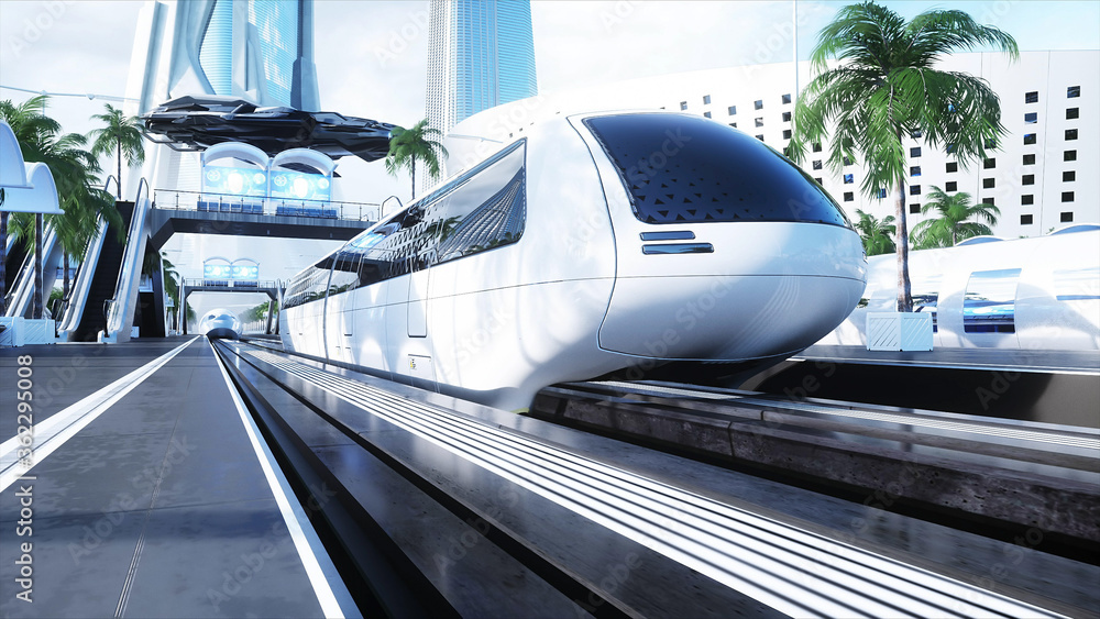 Sci Fi railway futuristic station. Future concept. Aerial view. 3d ...