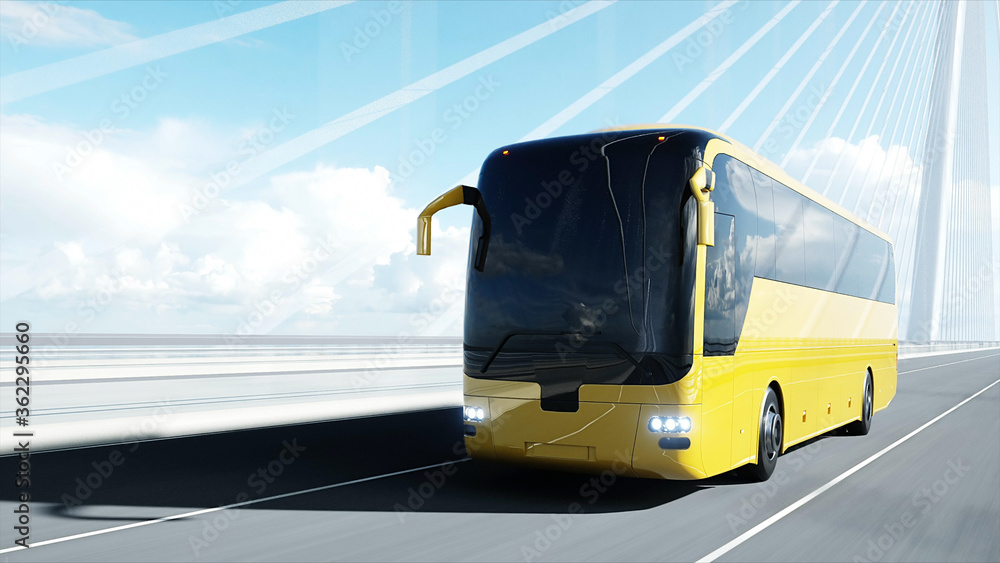 3d model of tourist bus on bridge. Very fast driving. 3d rendering ...