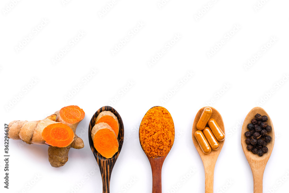 Turmeric sliced, curcumin powder, Curcuma capsules and black pepper ...