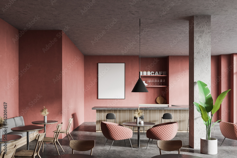 Pink restaurant interior with columns and poster Stock Illustration ...