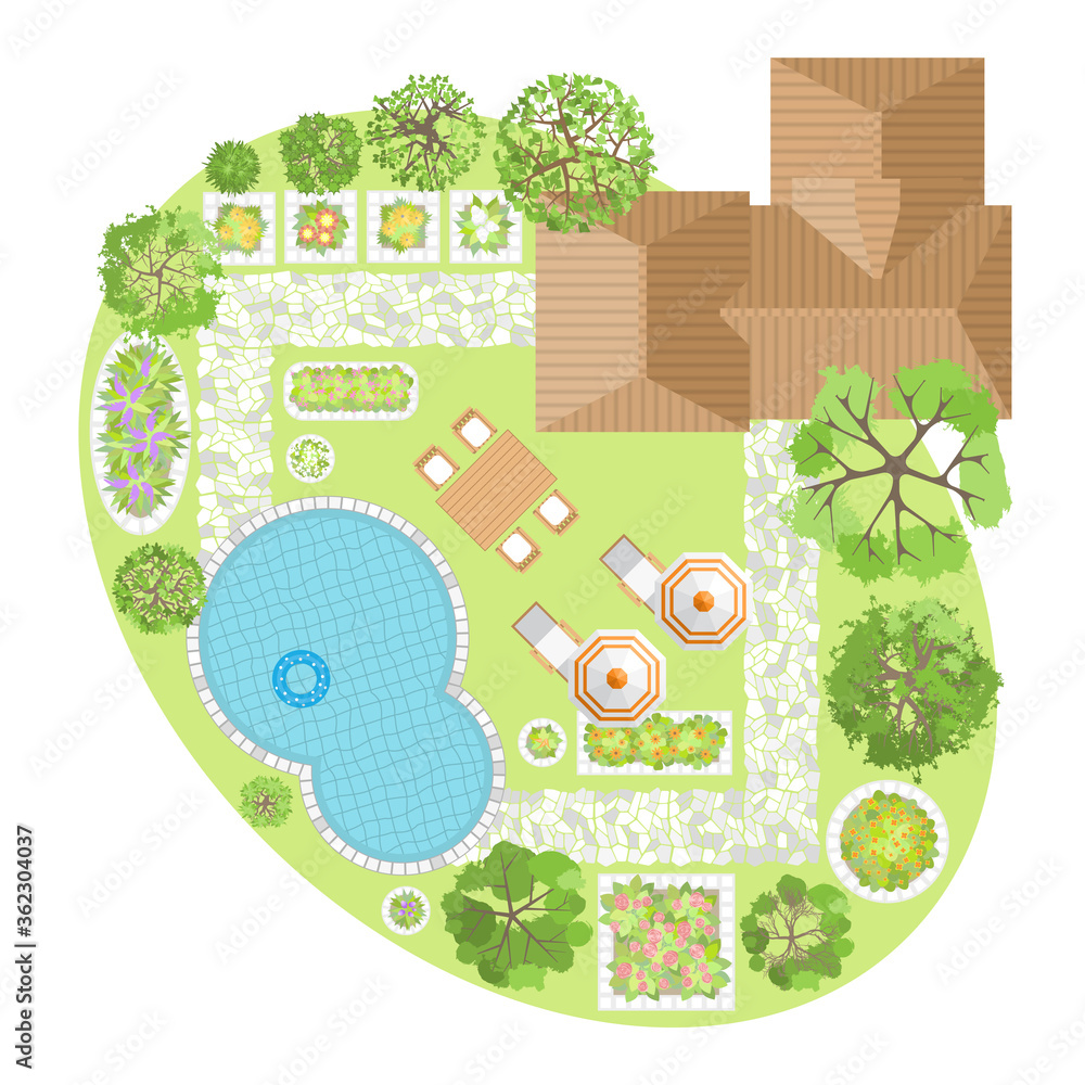 Vector illustration. Modern garden design. Top view. Landscape design ...