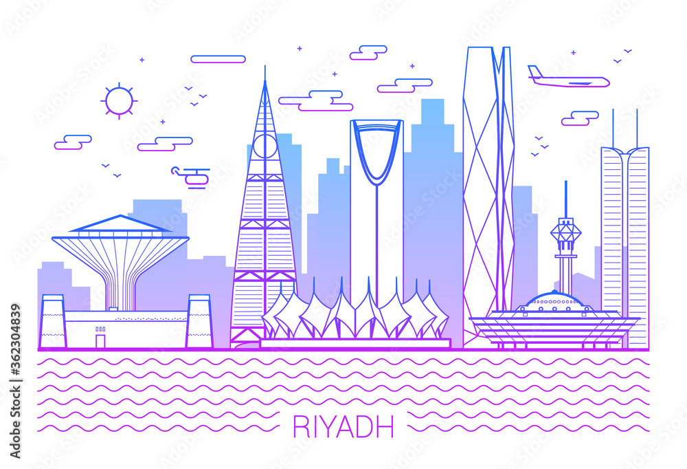 Riyadh city, Purple Line Art Vector illustration with all famous towers ...