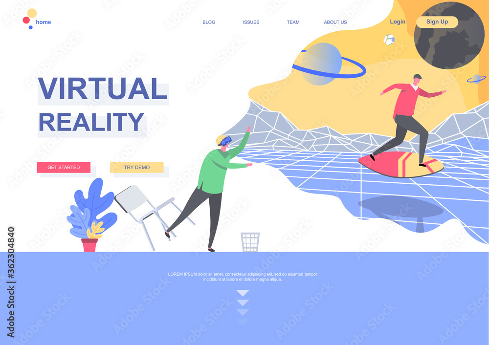 Virtual reality flat landing page template. Man wearing virtual reality ...