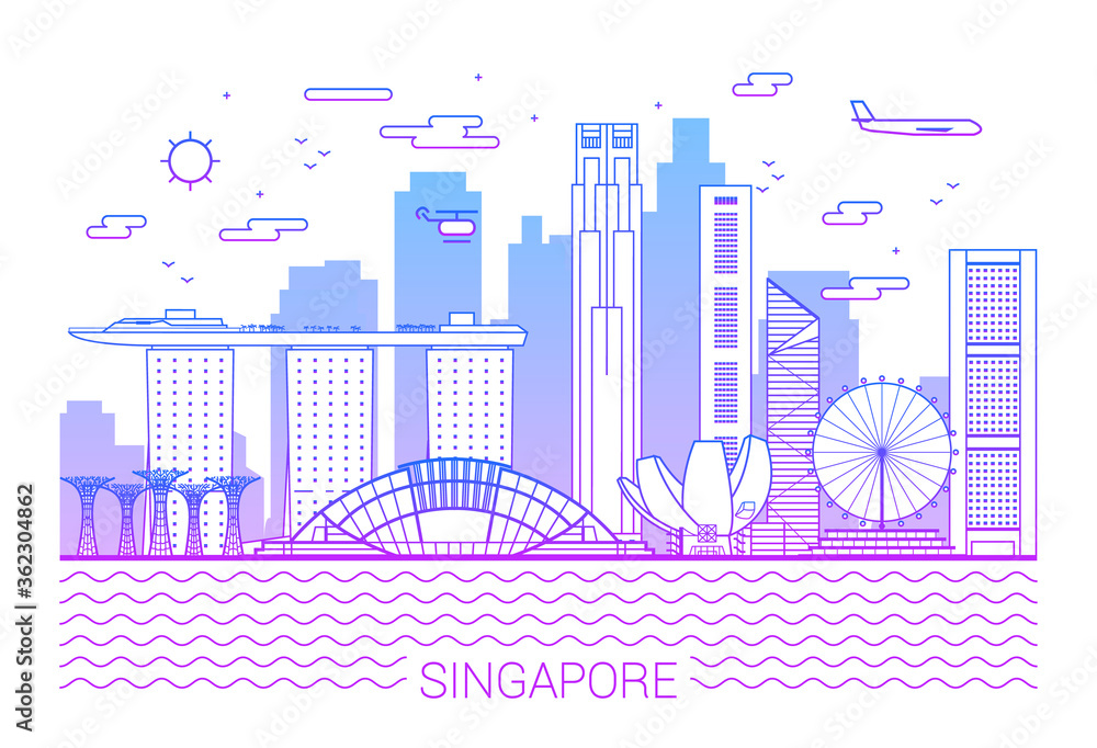 Singapore city pink line art Vector illustration with all famous ...