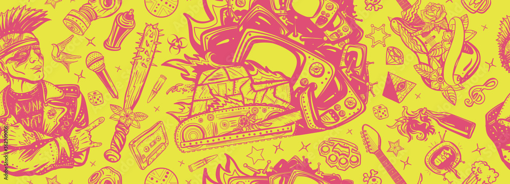 Punk rock music. Protest concept. Seamless pattern. Punker with mohawk ...