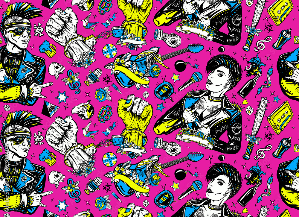 Punk and rock music seamless pattern. Punker with mohawk hairstyle ...