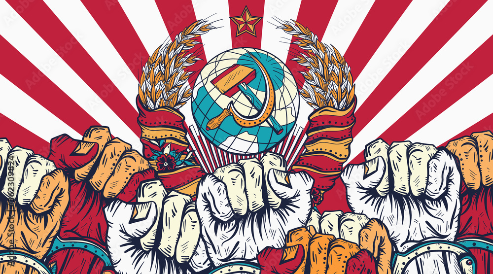 USSR. Coat of arms of Soviet Union, ray of light and many fist raised ...