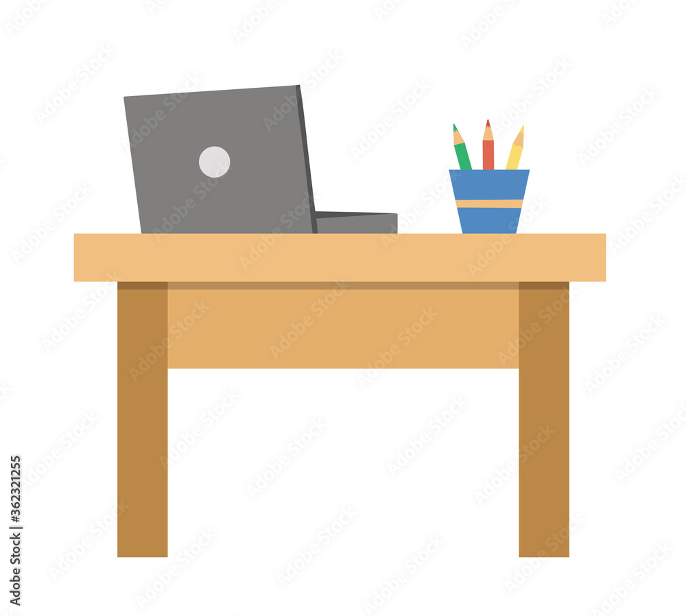 Vector writing desk with laptop and glass with pencils. Job or working ...