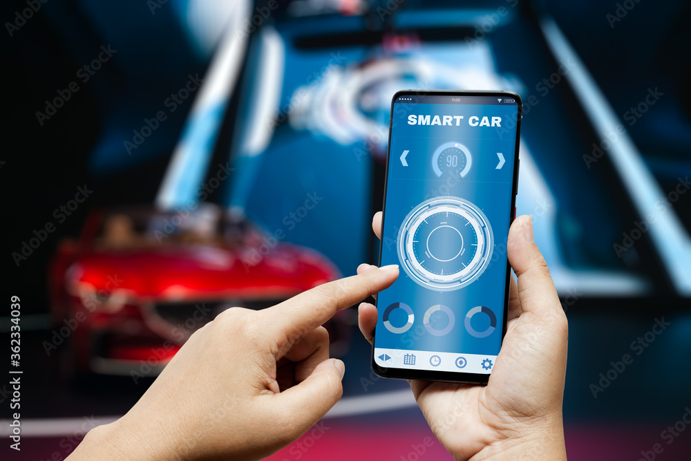 Smart car appliction background concept. Hand holding smart phone and ...