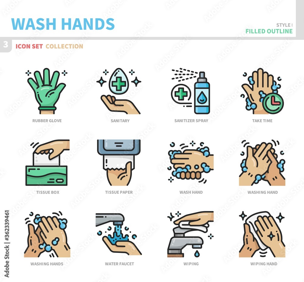 wash hands icon set,filled outline style,vector and illustration Stock ...