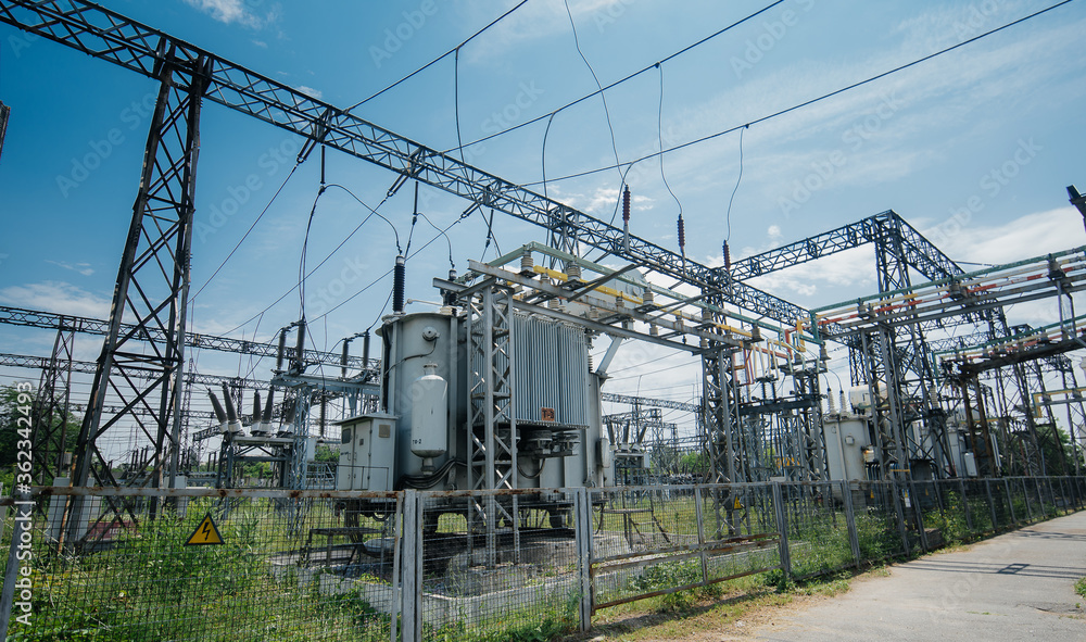 Electrical Transformer. Distribution of electric energy at a big ...