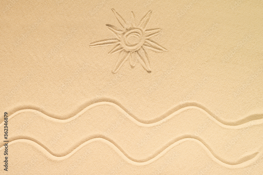 Drawing on sand illustrates a relaxing tropical beach scene with sea, a ...