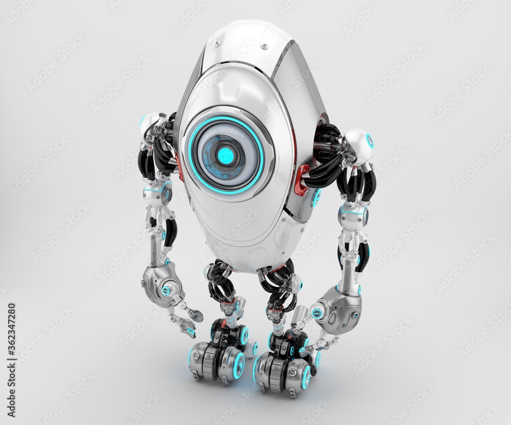 Sleek long robotic beetle with one big eye camera in frontal pose ...