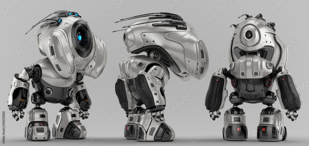 Alien robot with huge hood head, 3d rendering in three poses Stock ...