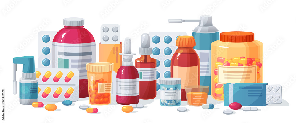 Cartoon meds. Drugs, tablet capsules and prescription bottles. Blisters ...